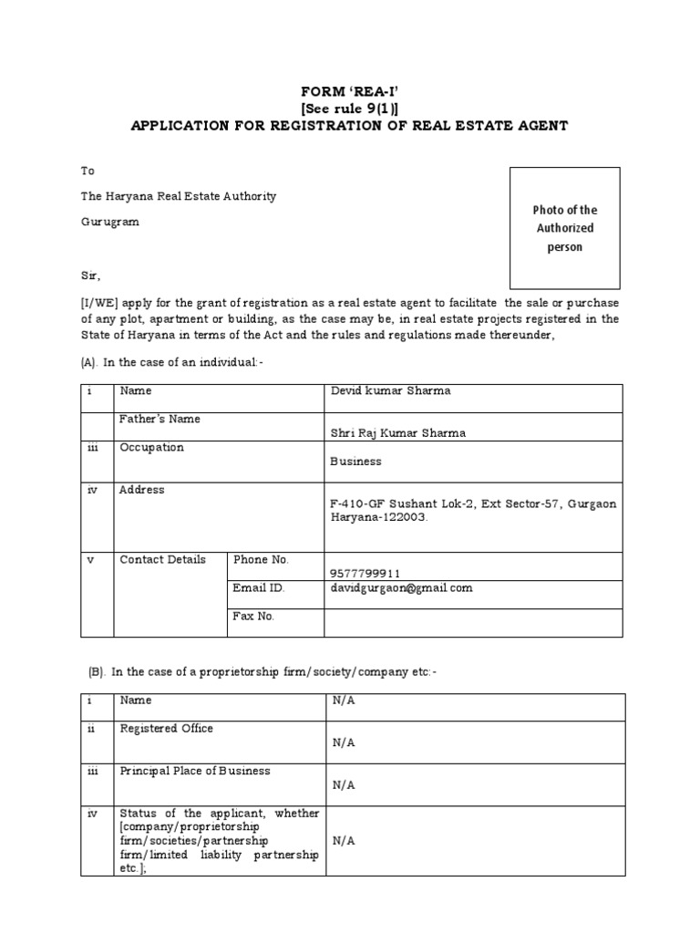 Form Rea-I' (See Rule 9 (1) ) Application For Registration of Real Estate Agent | PDF | Business ...