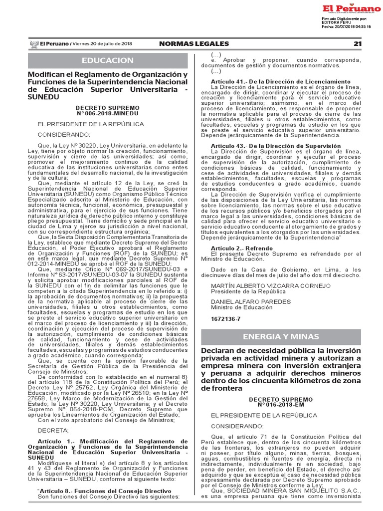 Modificacion Rof Sunedu - Decreto Supremo 006 2018 Minedu PDF | PDF | Universidad | Perú