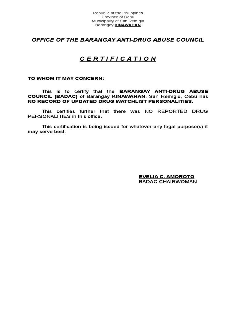 BADAC Certification of No Drug Personalities | PDF | Wellness