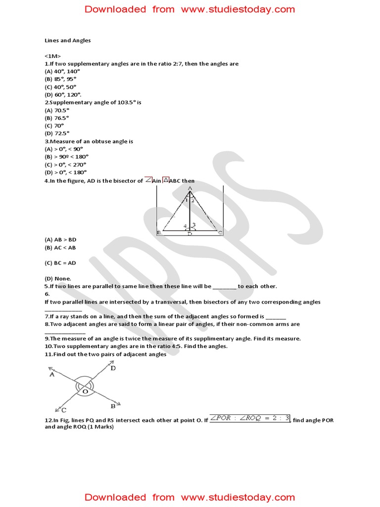 CBSE Class 9 Mathematics Worksheet Lines and Angles | PDF | Angle ...