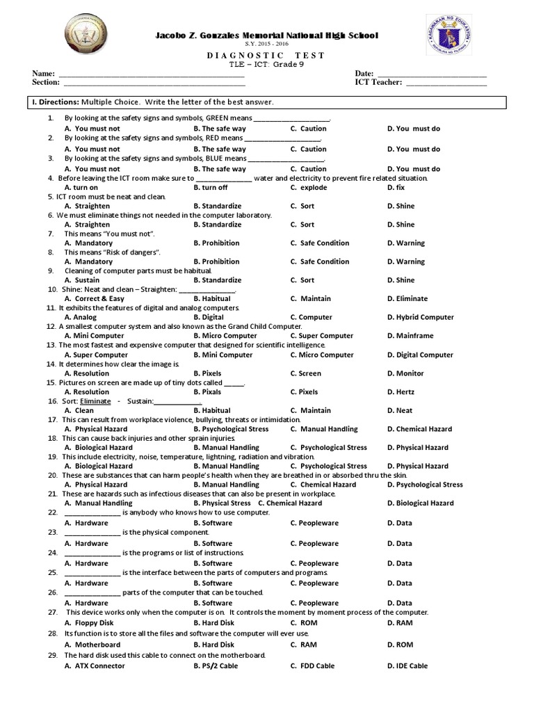 DIAGNOSTIC TEST IN GRADE 9 and 10 ICT | PDF | Network Topology ...