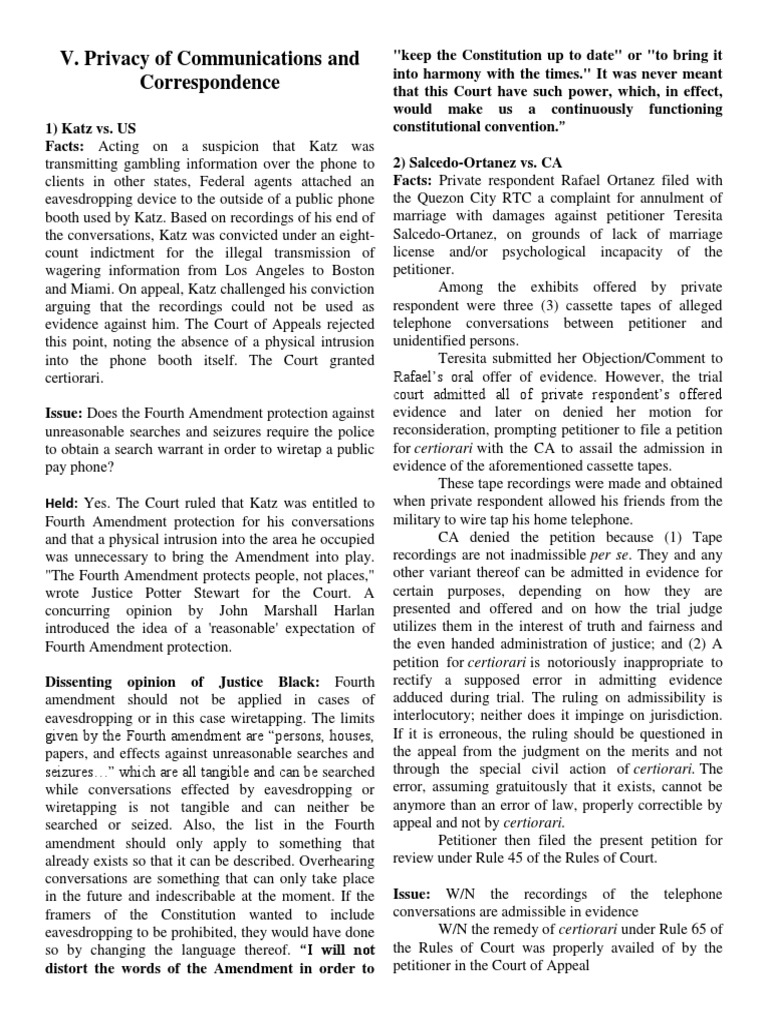 Analysis of Key Cases on Privacy of Communications and Admissibility of ...