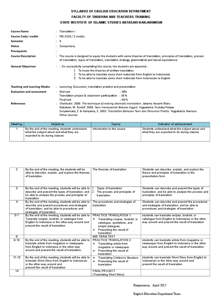 Lesson Plans of TRANSLATION 1 | PDF | Translations | Books