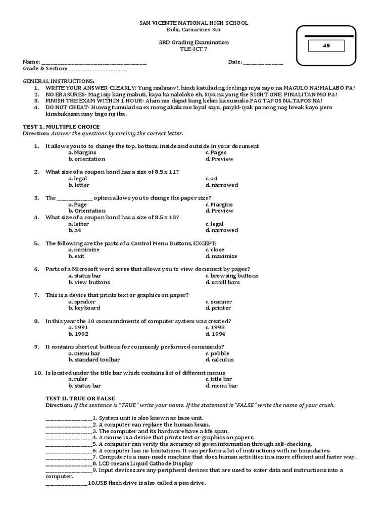 Grade 8 TLE-ICT 3rd Grading Exam | PDF | Computer Monitor | Menu ...