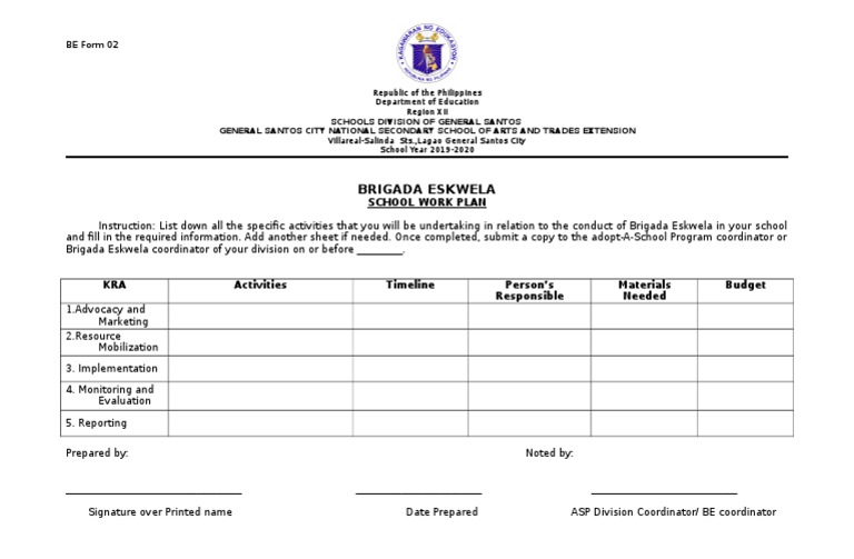 Be Form 2 School Work Plan | PDF