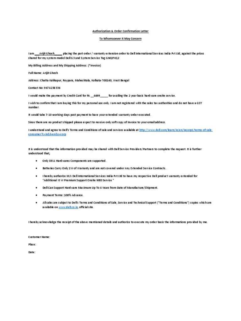 Authorization & Order Confirmation Letter Format For APOS Orders | PDF ...