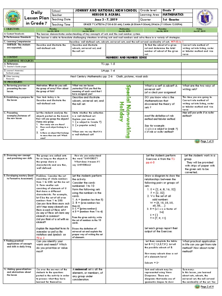 Daily Lesson Plan Grade 7: School Teacher Learning Area MATHEMATICS ...