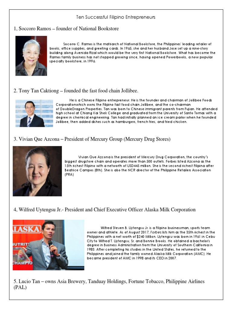 Ten successful Filipino entrepreneurs and their businesses | PDF | Metro Manila | Companies Of ...