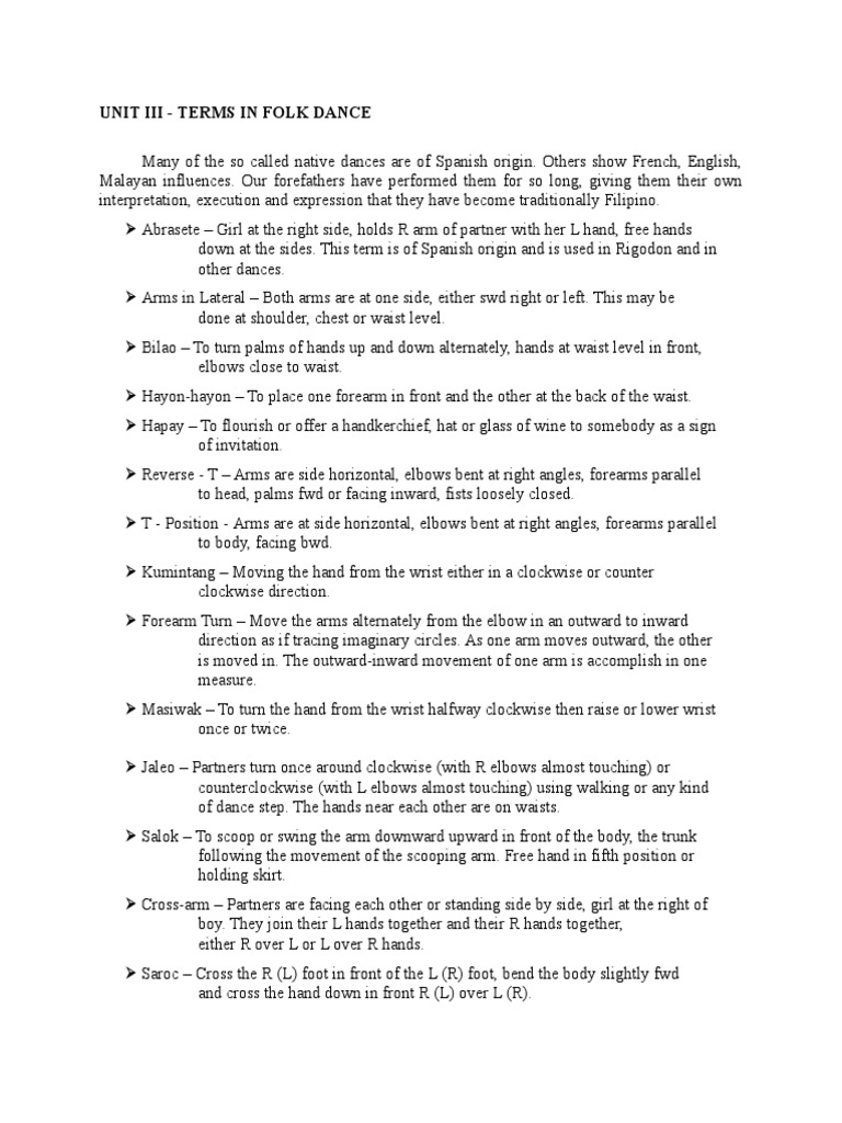 Unit III Terms in Folk Dance | PDF | Foot | Arm