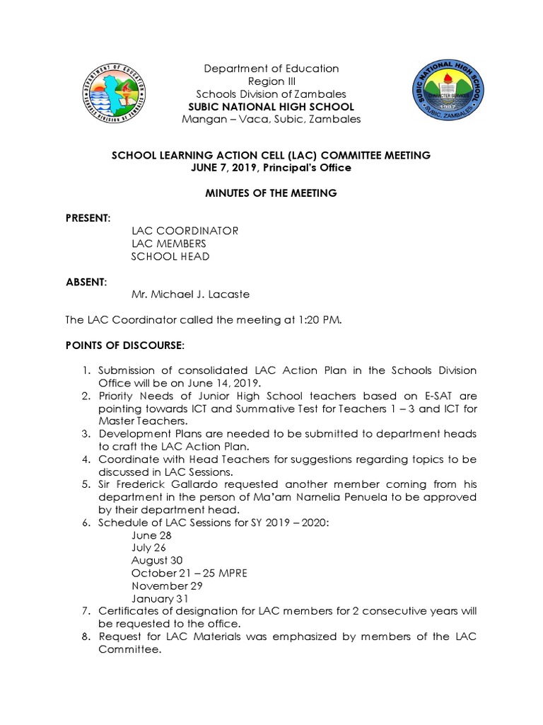 Lac Minutes of First Meeting | PDF | Career & Growth | Science ...