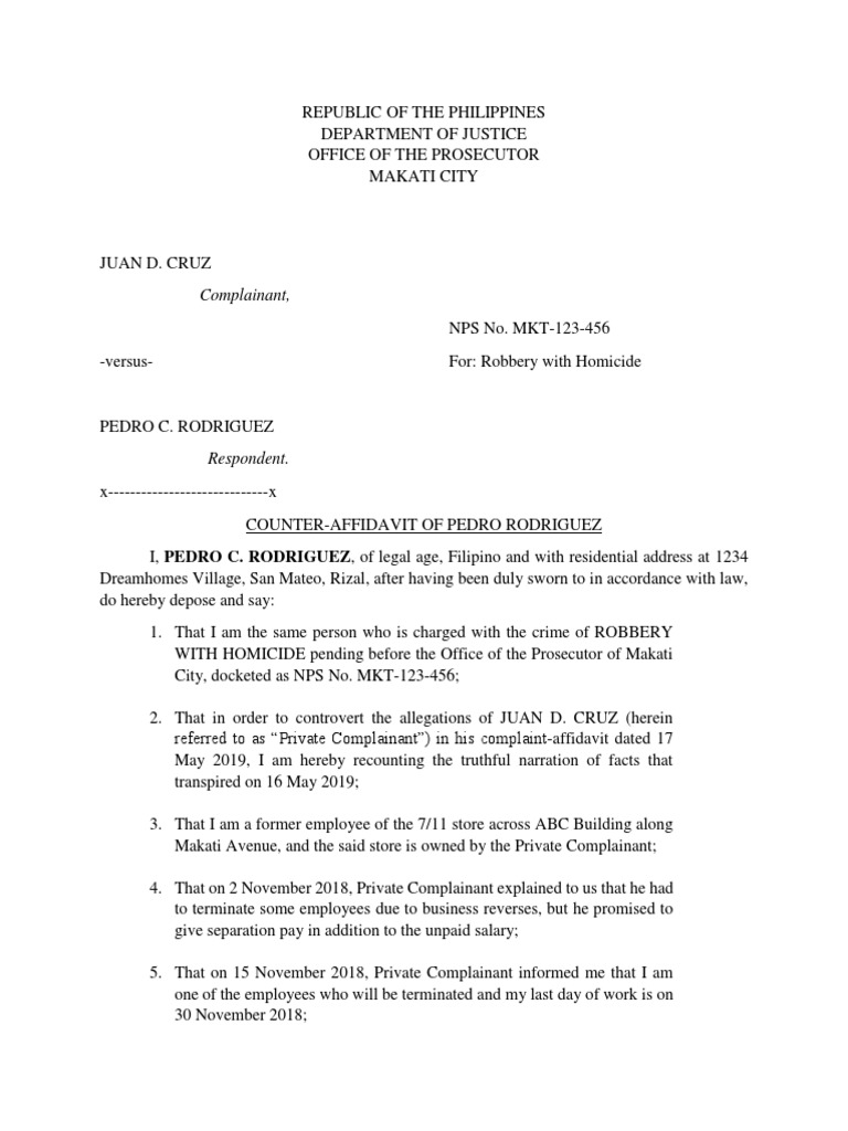 Counter Affidavit For Robbery With Homicide Sample | PDF | Government ...