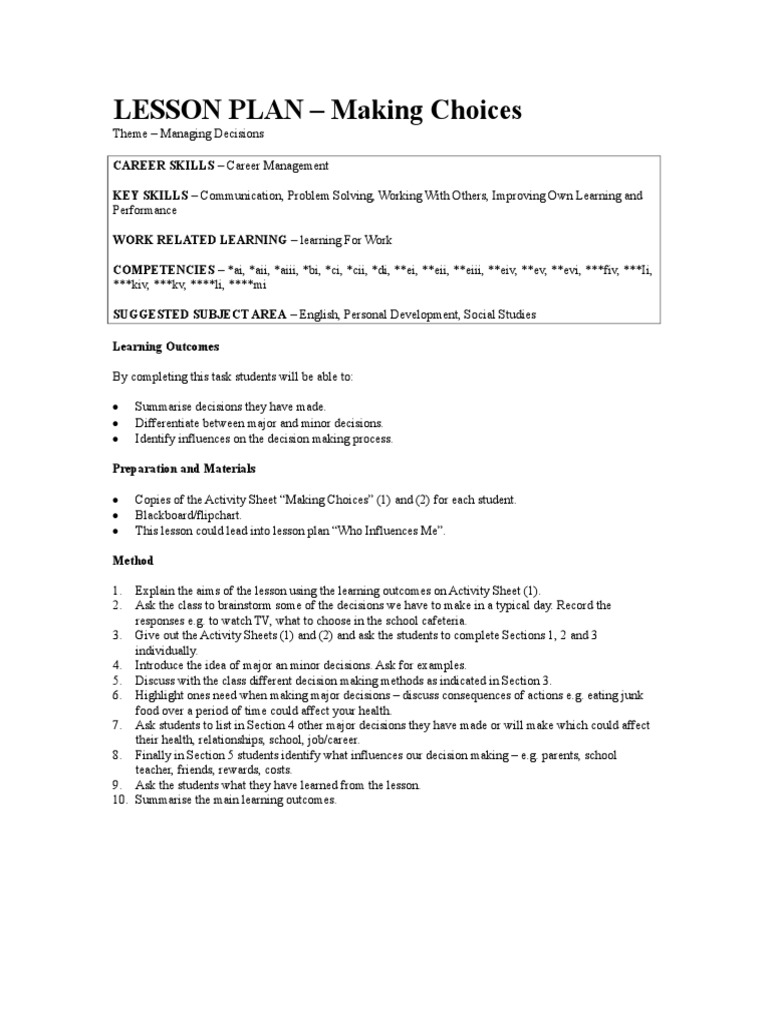 Lesson Plan 10 - Making Choices | PDF | Decision Making | Neuroscience