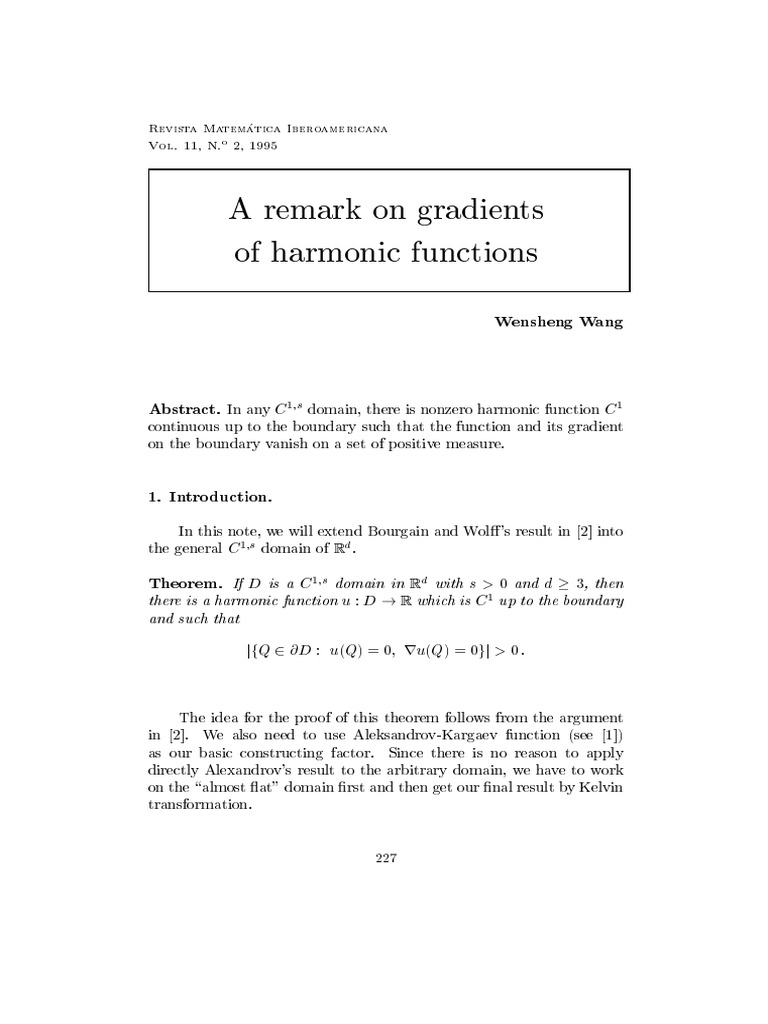 A Remark On Gradients of Harmonic Functions: Wensheng Wang Abstract. Theorem | PDF | Integral ...
