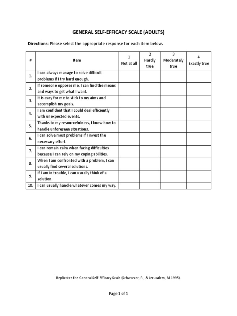 General Self Efficacy Scale (Adults) : Directions: Please Select The ...