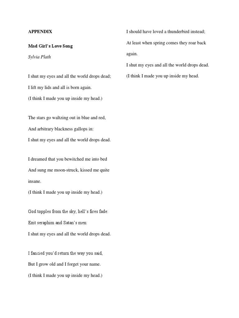 Sylvia Plath: Appendix Mad Girl's Love Song | PDF