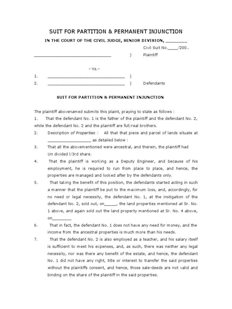 Suit For Partition & Permanent Injunction | PDF | Lawsuit | Property