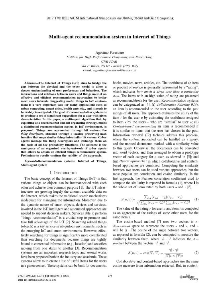 Multi Agent Recommendation System in Internet of Things | PDF | Internet Of Things | Digital ...