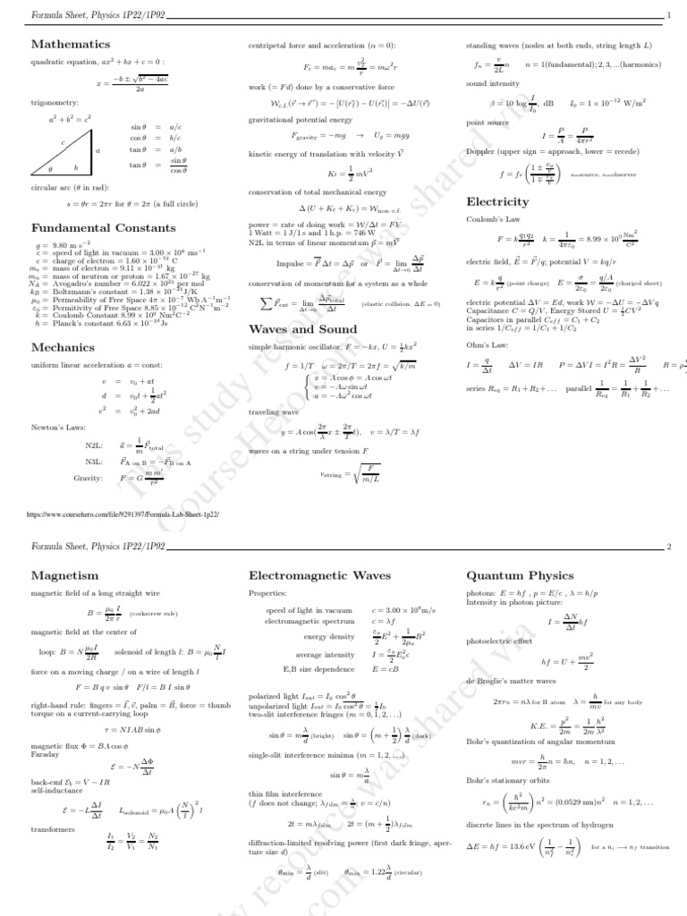 Formula Lab Sheet - 1p22 PDF | PDF | Photon | Waves