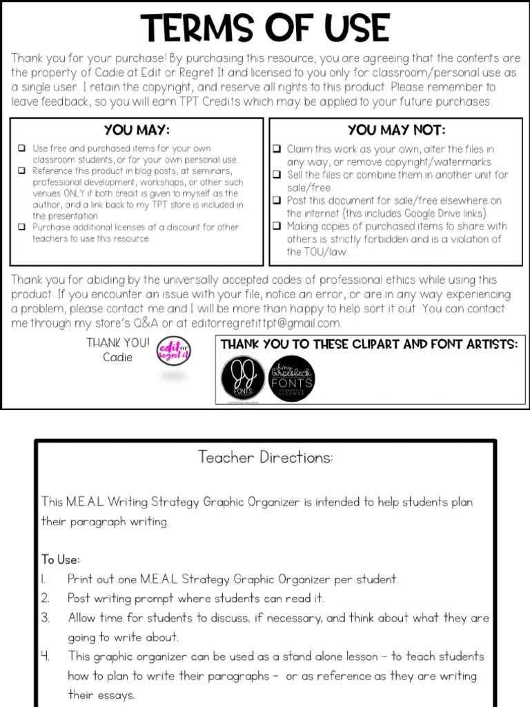 Meal Plan Paragraph Writing Strategy Graphic Organizer