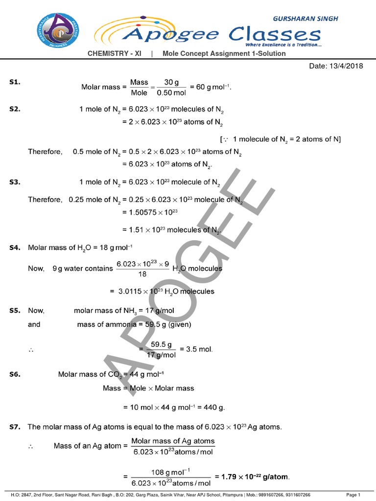Mole Concept Assignment 1-Solution | PDF | Nature Mole Concept Assignment 1-Solution | PDF | Nature