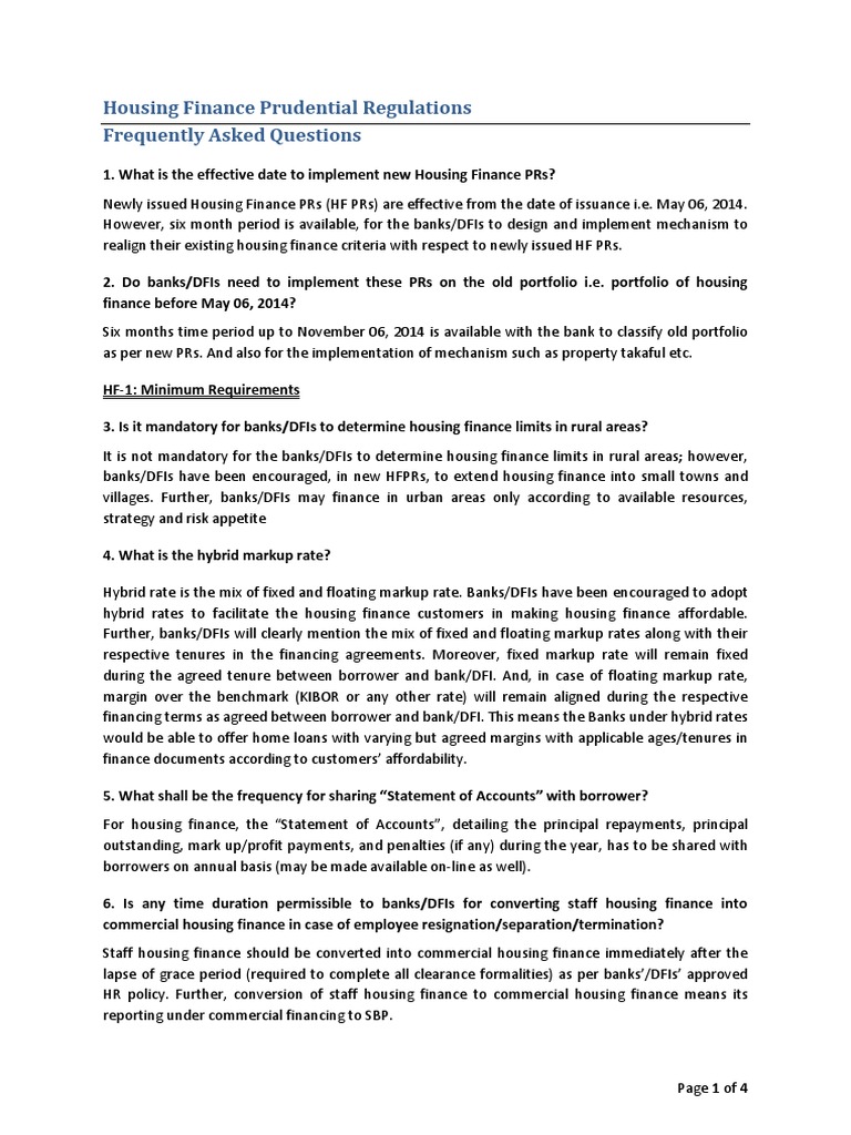 Housing Finance Prudential Regulations Frequently Asked Questions | PDF | Real Estate Appraisal ...