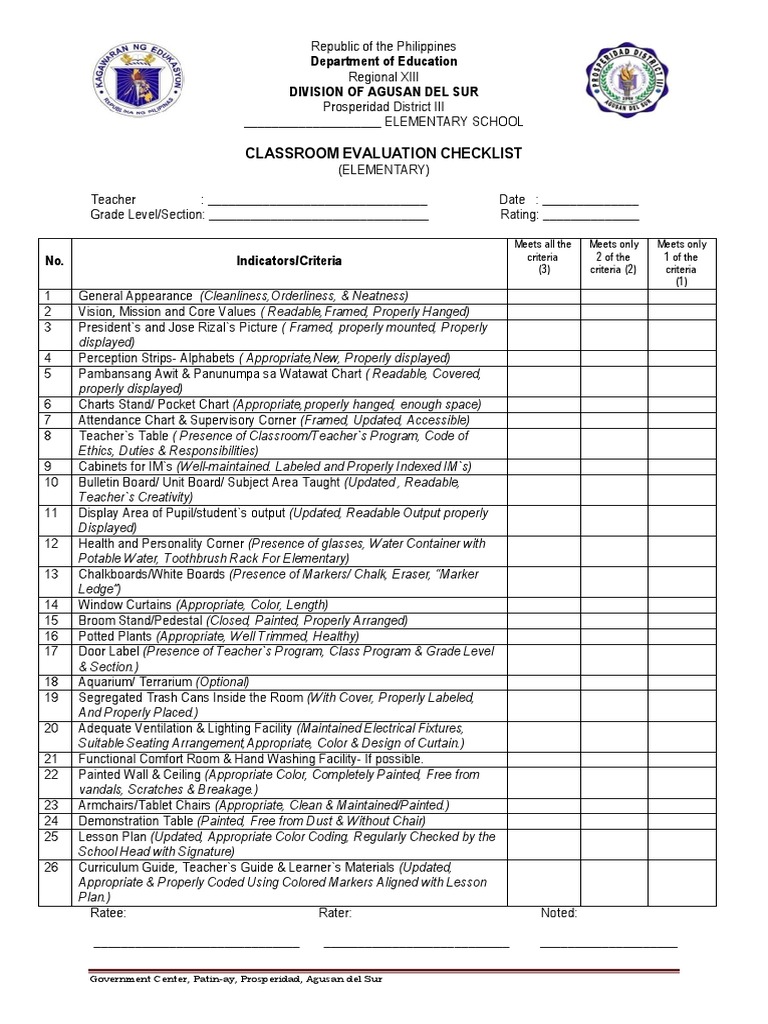 Classroom Evaluation Checklist Pdf Classroom Teachers