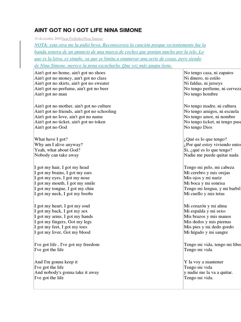 Aint Got No I Got Life Nina Simone | PDF