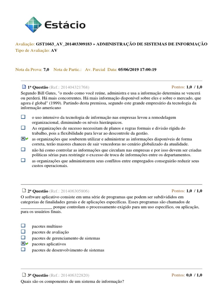 Prova Ead Estacio - Administração de Sistemas de Informação 2019 ...