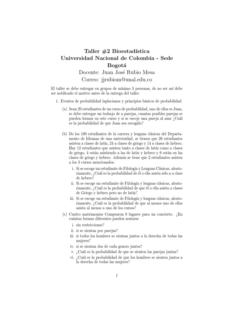 Taller 2 Bioestad Stica | PDF | Probabilidad | Distribución de probabilidad