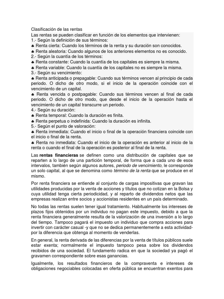 Clasificación de Las Rentas | PDF | Finanzas (general) | Business