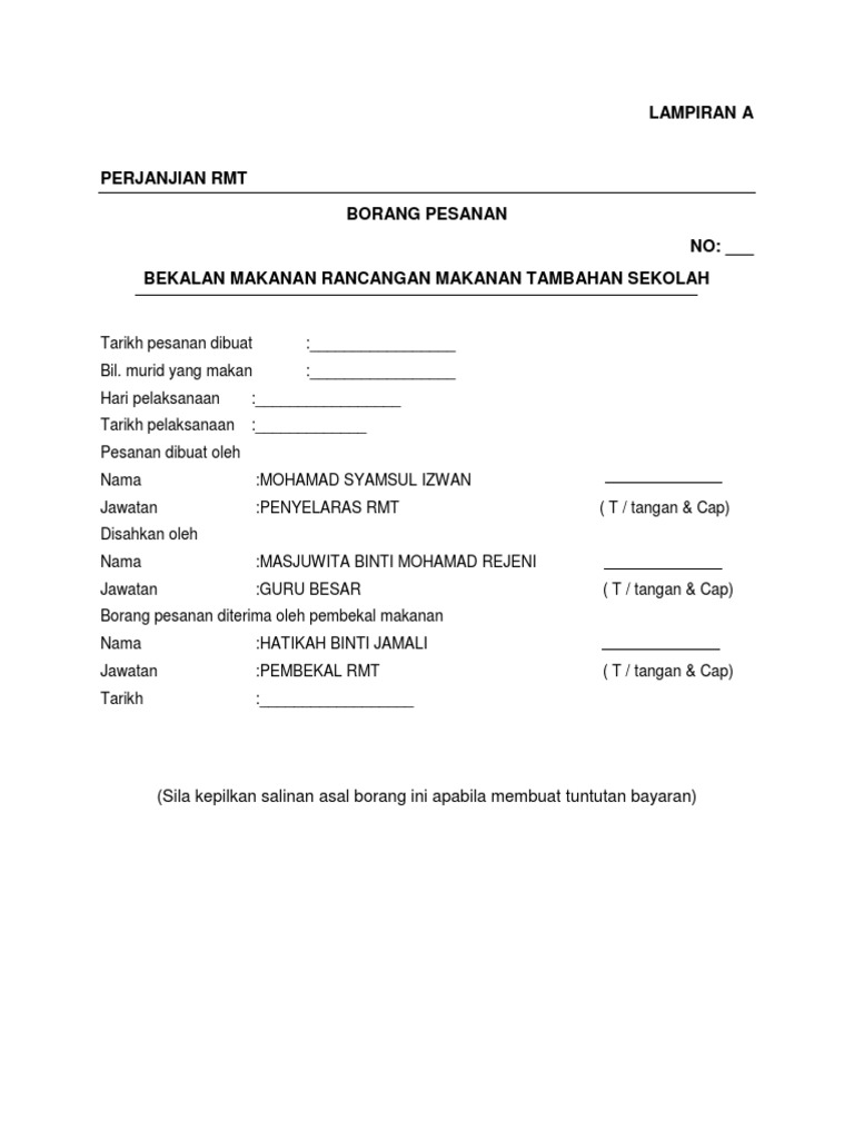 Lampiran A Borang Pesanan RMT | PDF