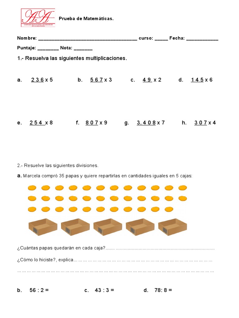 Prueba de Matemáticas Multiplicacion y Division | PDF | Métodos y ...