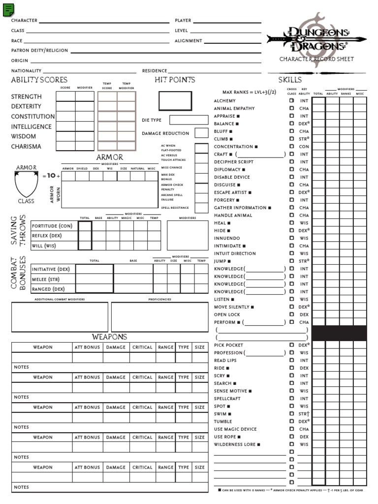 Skills Ability Scores Hit Points: Character Record Sheet | PDF
