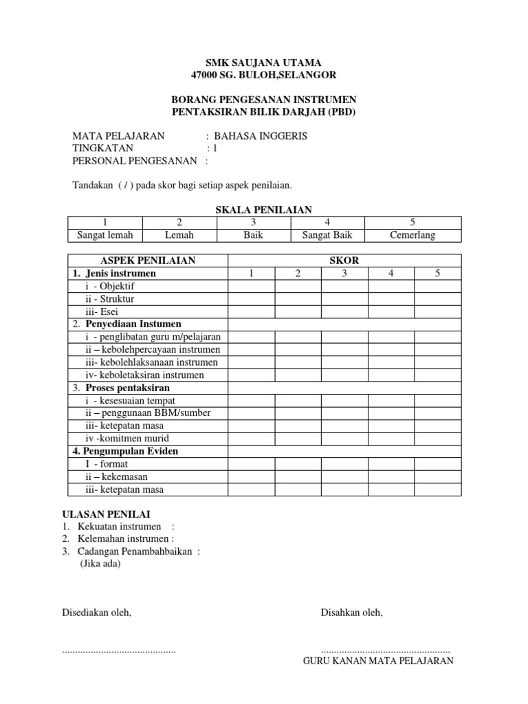 Borang Pengesanan Instrumen PBD | PDF