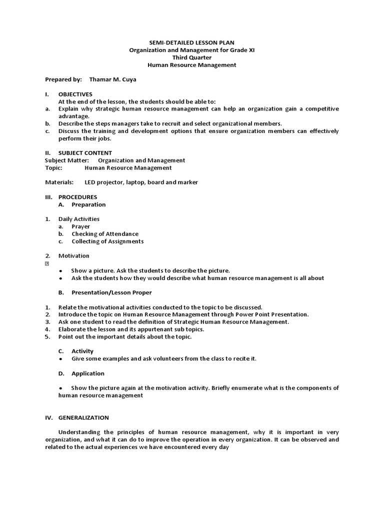 Grade XI HR Management Lesson Plan | PDF | Human Resource Management ...