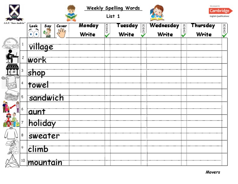 Weekly Spelling Words List 1 | PDF