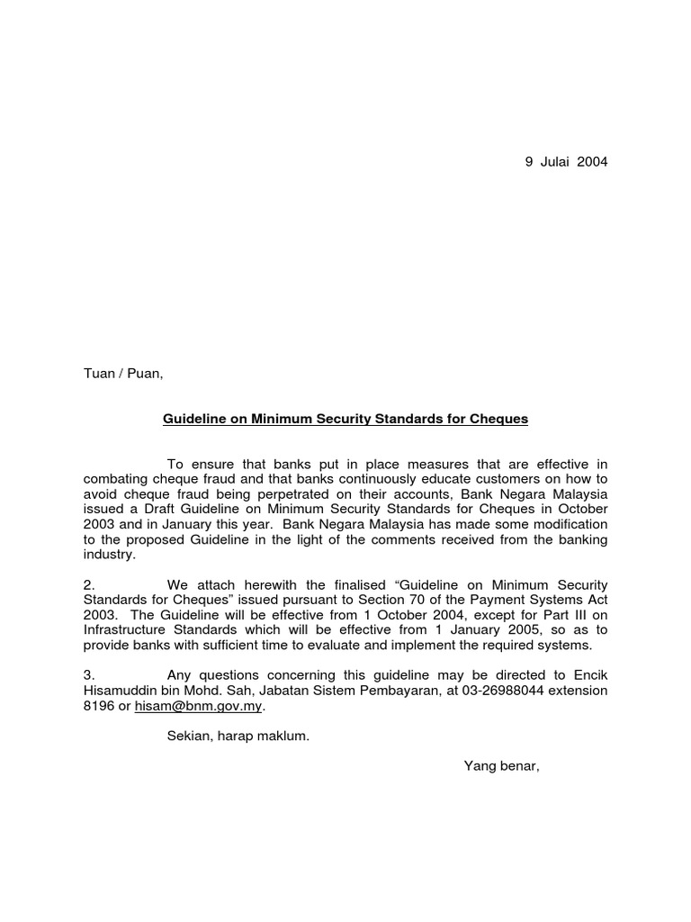 Guideline On Minimum Security Standards For Cheques | PDF | Cheque | Banks