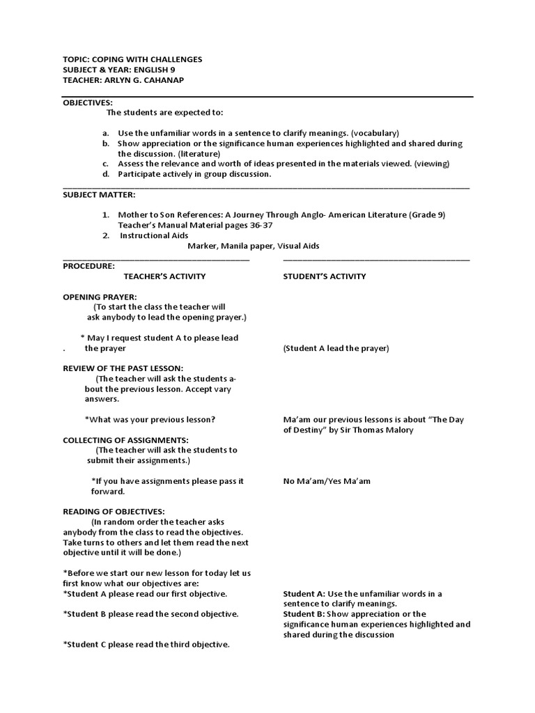 English 9 Lesson Plan: Coping with Challenges | PDF | Question | Prayer