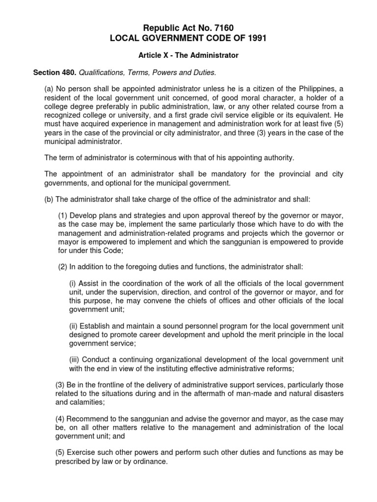 RA 7160 (Article X - The Administrator) | PDF | Governor | Local Government