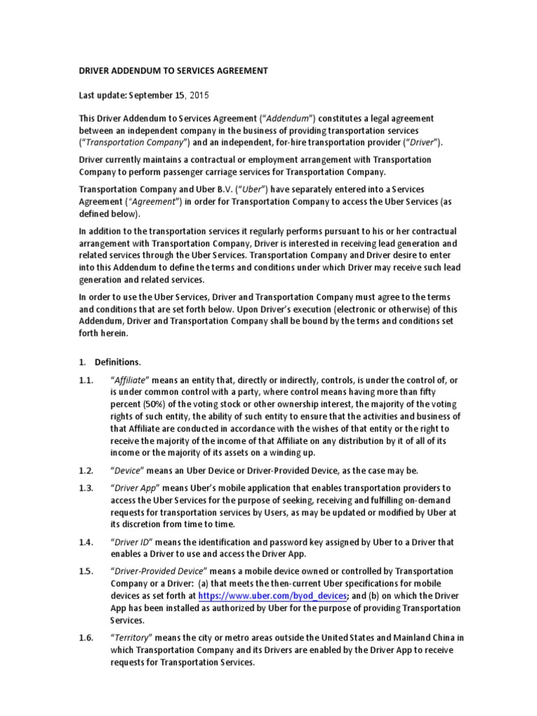 Driver Addendum To Services Agreement | PDF | Mobile App | Discretion