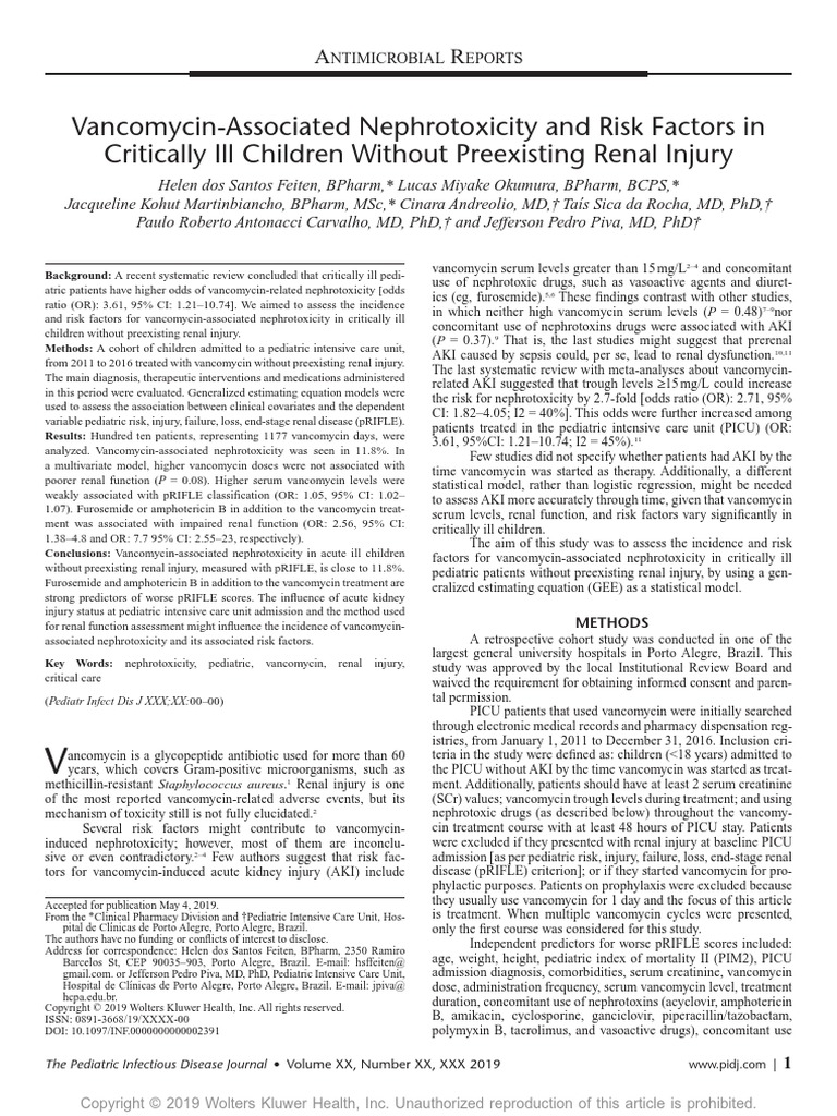 2019 Vancomycin Associated Nephrotoxicity and Risk Factors in ...