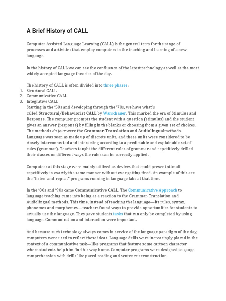 A Brief History of CALL | PDF | English As A Second Or Foreign Language ...