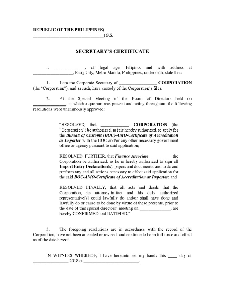 Secretary's Certificate for Corporation | PDF | Social Institutions ...