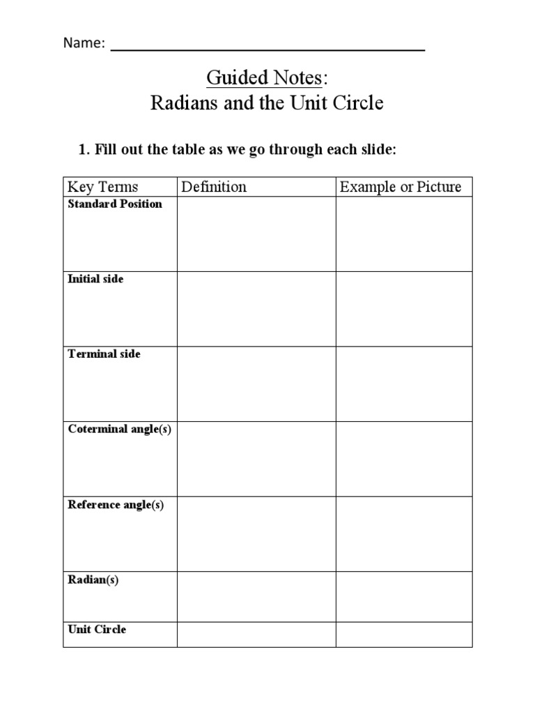 Guided Notes Unit Circle | PDF