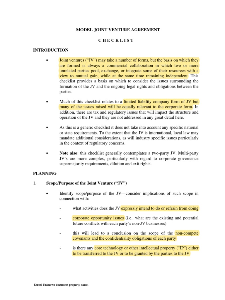 JV Contract Checklist | PDF | Joint Venture | Board Of Directors