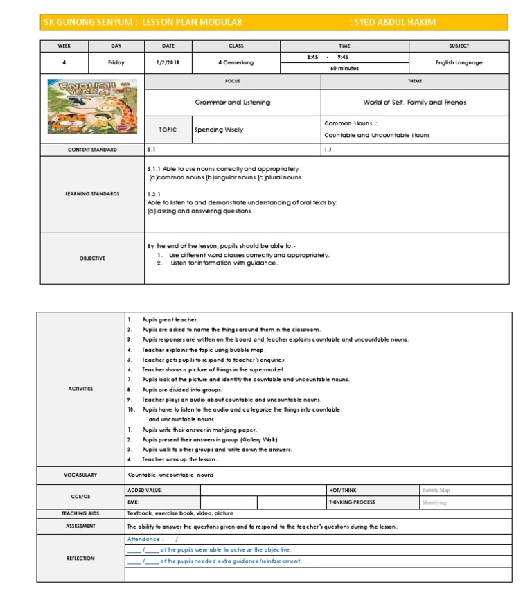 SK Gunong Senyum: Lesson Plan Modular: Syed Abdul Hakim | PDF | Noun ...