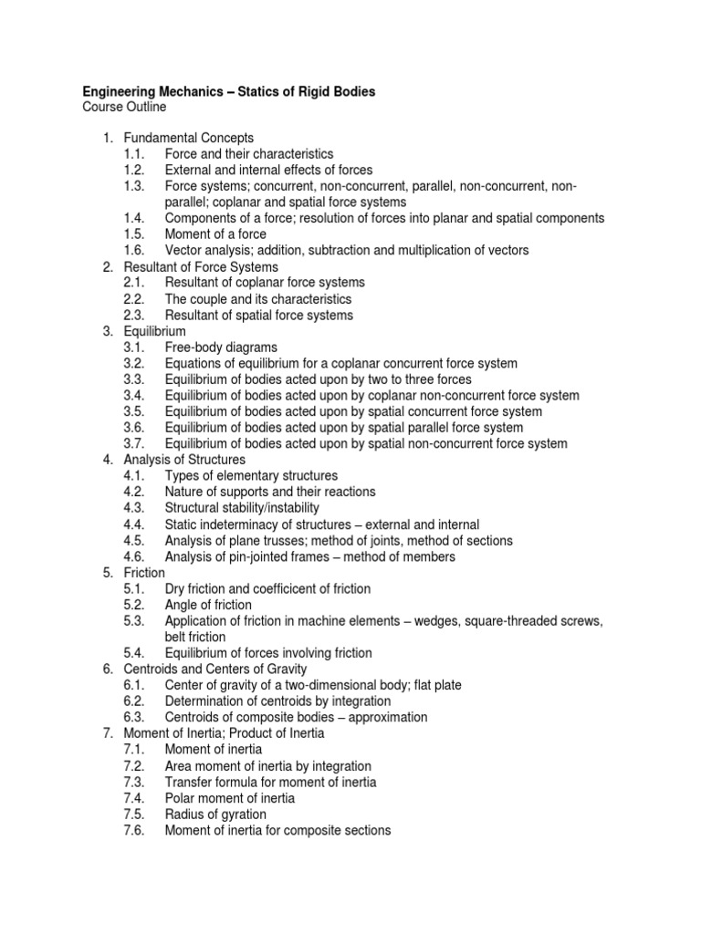 Course Outline - Statics | PDF | Force | Friction