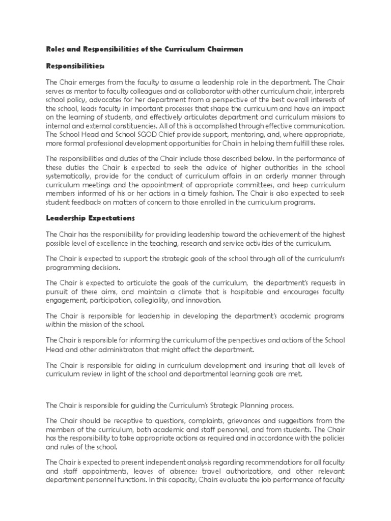 Roles and Responsibilities of The Curriculum Chairman | PDF ...