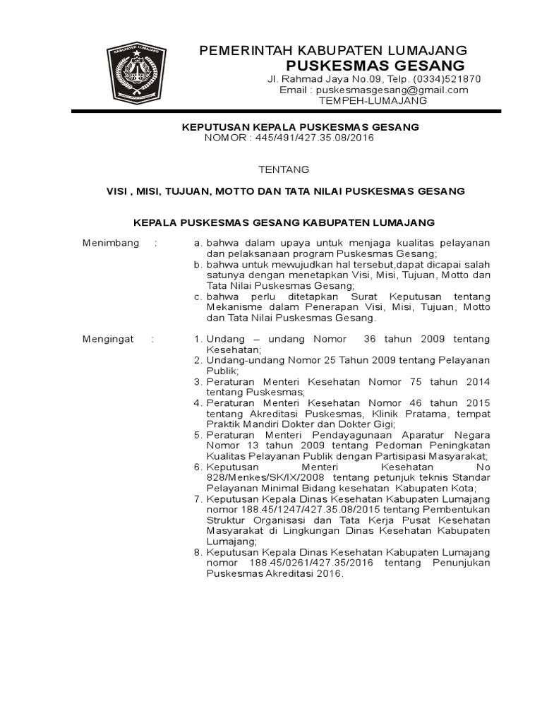 SK Visi, Misi, Tujuan, Motto Dan Tata Nilai | PDF | Pengembangan Diri | Gaya Hidup