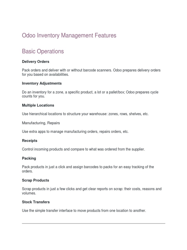 Odoo Inventory Management Features | PDF | Inventory | Warehouse